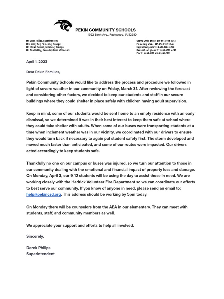 Perkin Community School District Letter To Parents | PDF