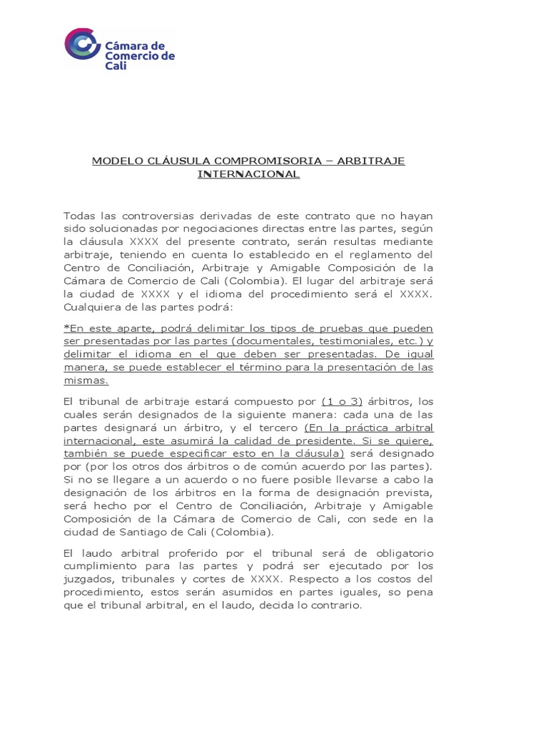 Modelo Clausula Compromisoria Arbitraje Internacional | PDF