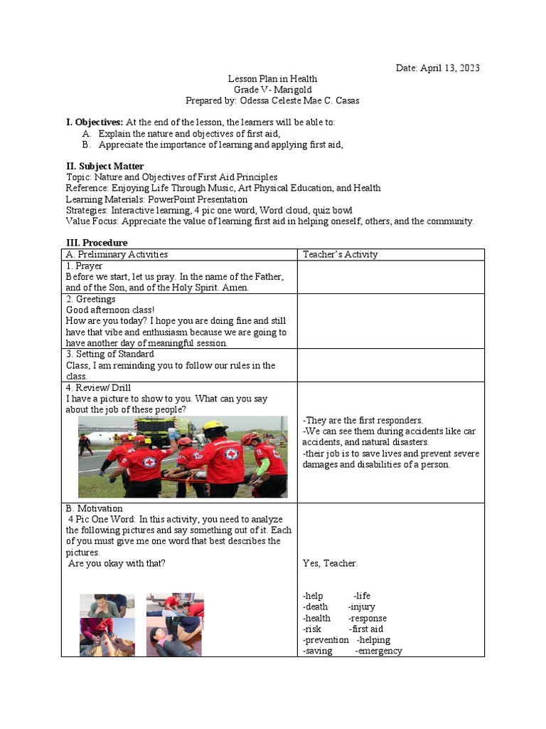 Grade 5 First Aid Lesson Plan | PDF | First Aid | Cognition