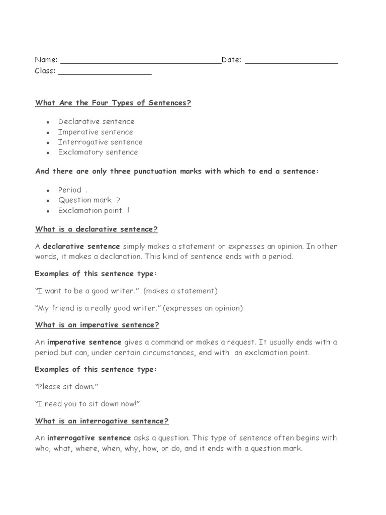 TYPES OF SENTENCES Notes and Activity | PDF