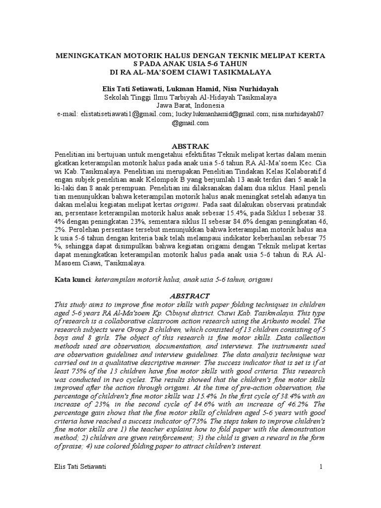 Meningkatkan Motorik Halus Dengan Teknik Melipat Kertas Pada Anak Usia 5-6 Tahun Di Ra Al-Ma ...