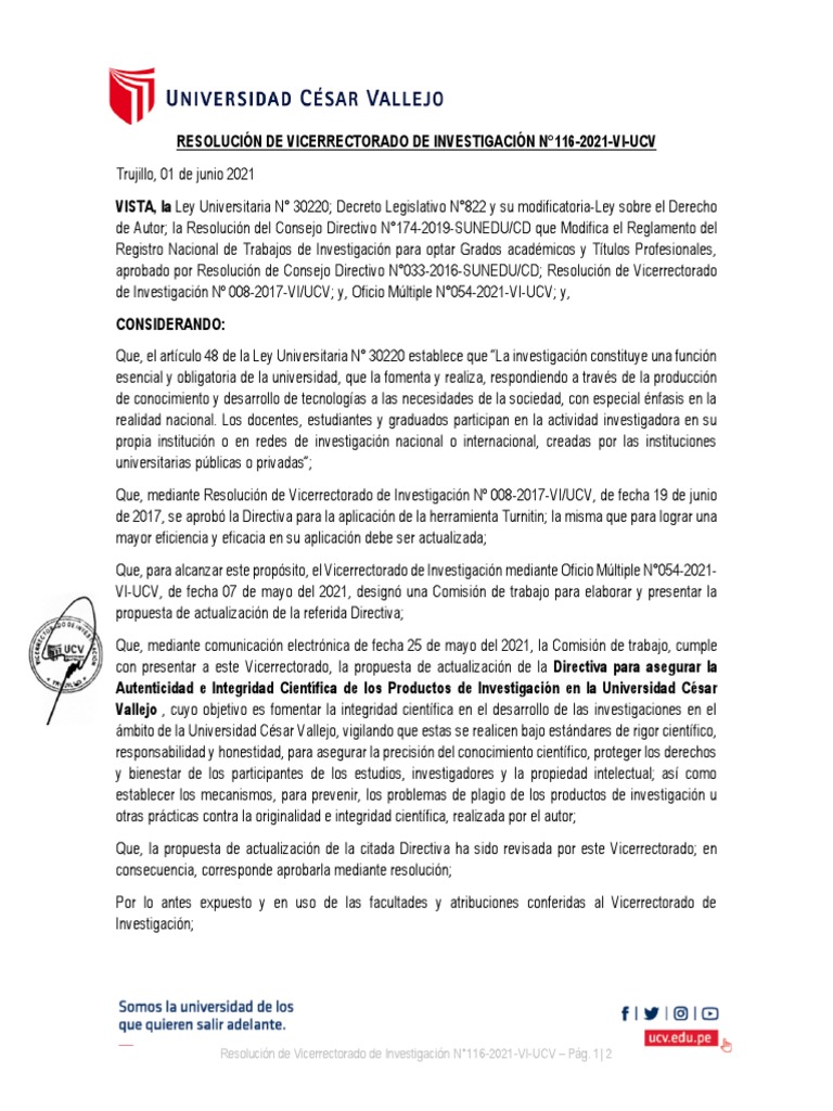 RVI N°116-2021-VI-UCV Aprueba Directiva Asegura Autenticidad e ...