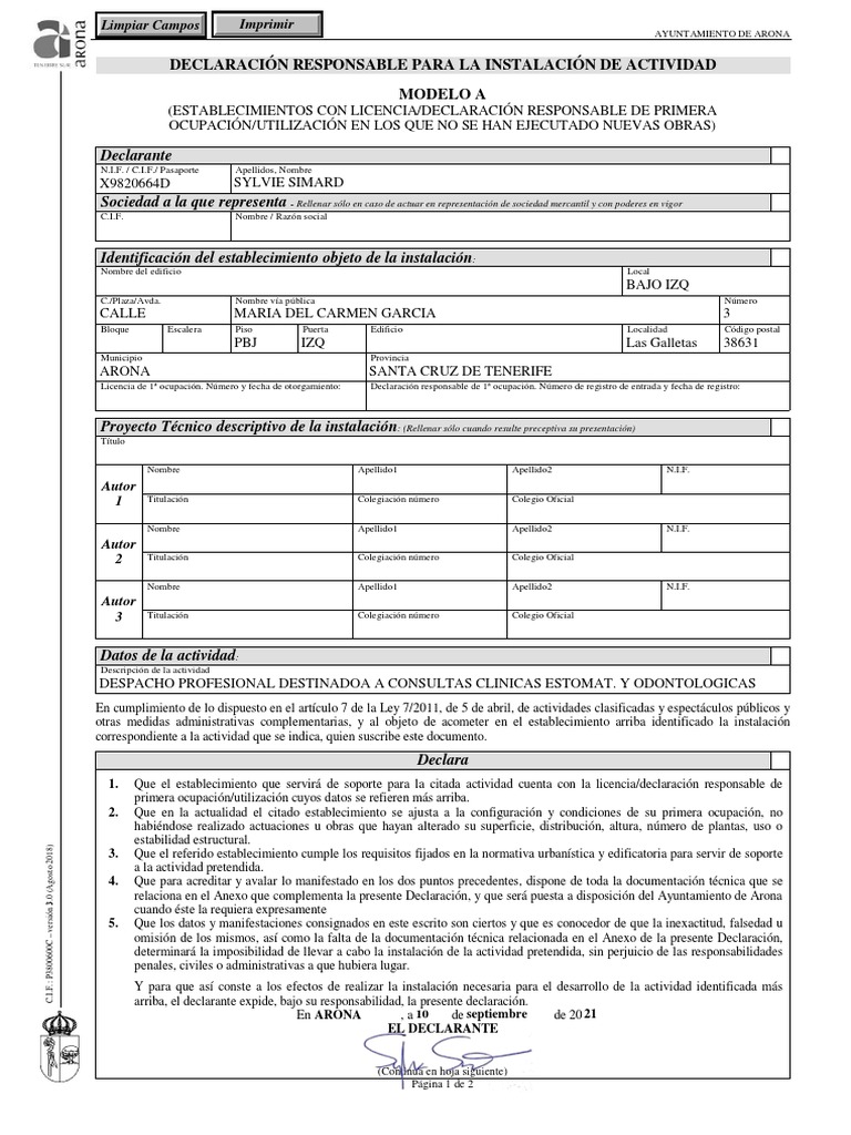 Declarante: Declaración Responsable para La Instalación de Actividad Modelo A | PDF