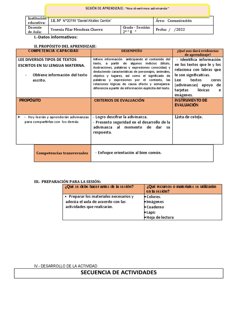 Sesion Adivinanzas | PDF | Evaluación | Aprendizaje
