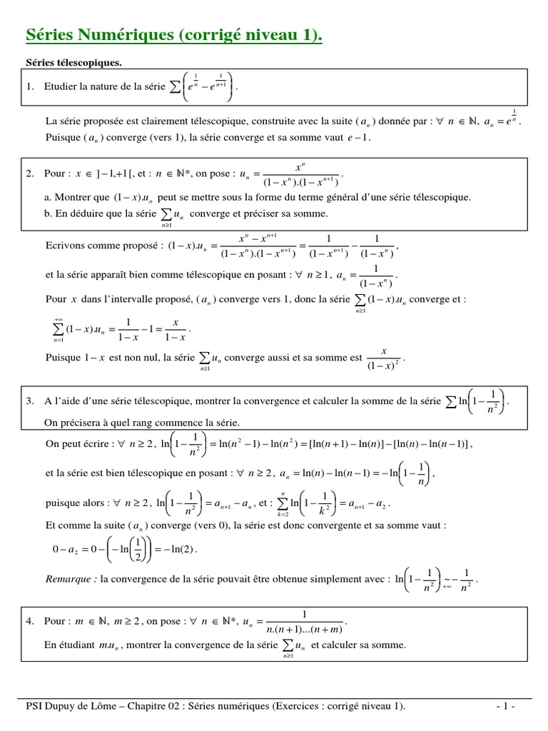 02-41 - Series Numeriques Exercices Corriges Niveau 1 | PDF | Limite ...