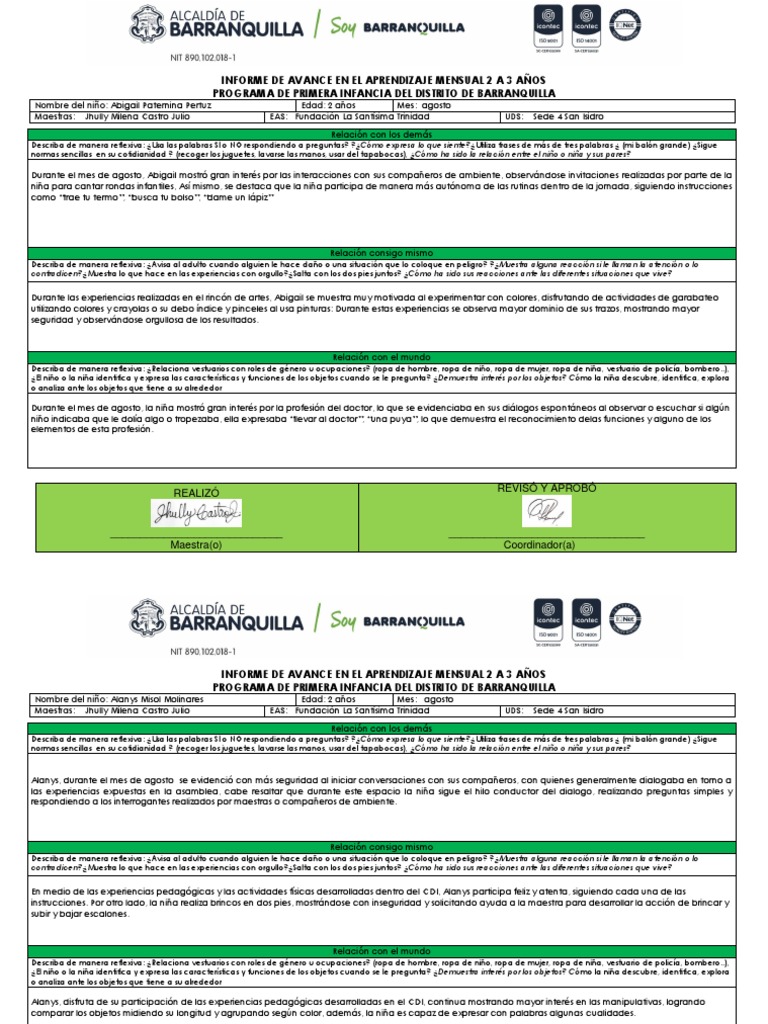 Formato de Informe de Avance en el Aprendizaje Mensual - 2 a 3 años (1) | PDF | Aprendizaje ...
