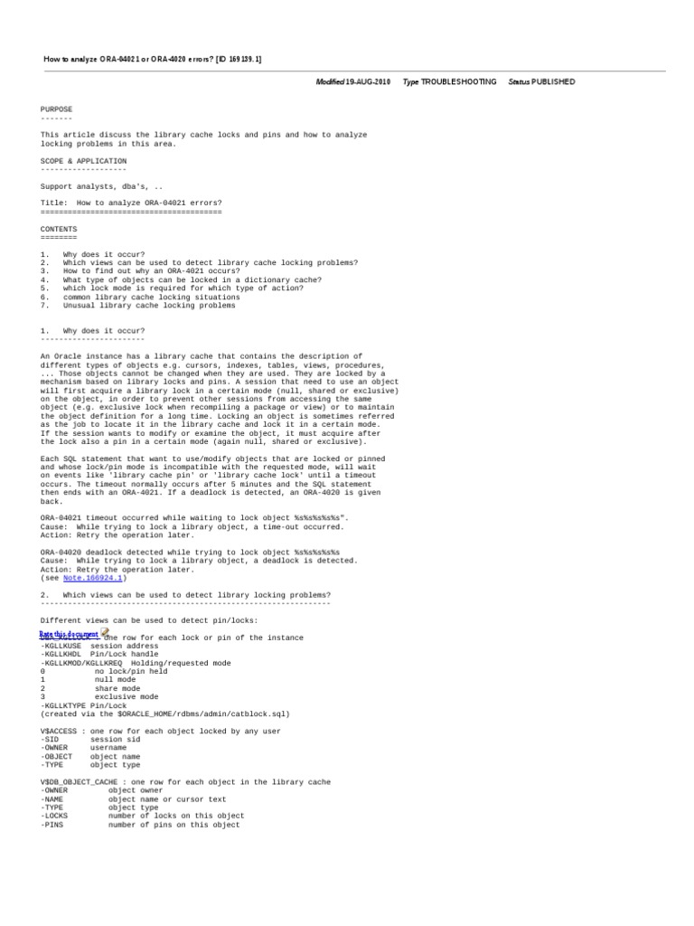 How To Analyze ORA-04021 or ORA-4020 Errors | PDF | Oracle Database | Sql