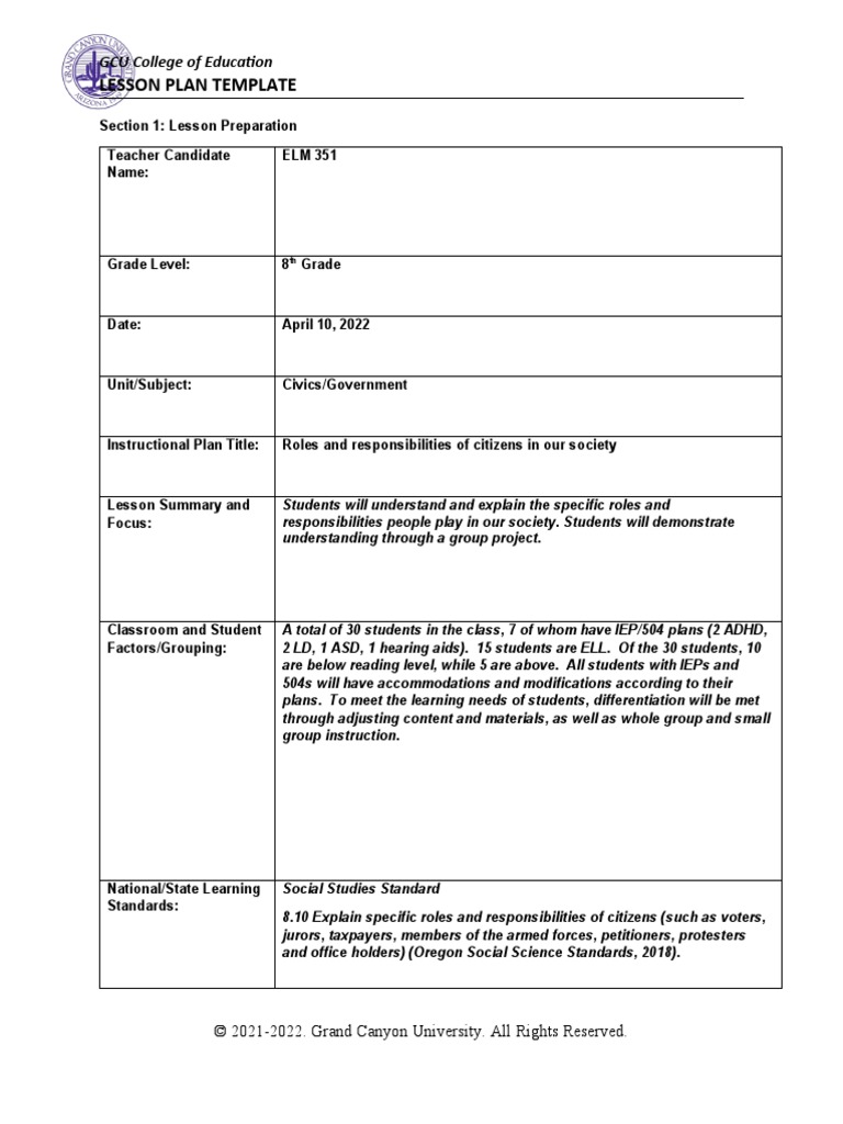 ELM 351 Civics-Gov Lesson Plan | PDF | Educational Assessment | Lesson Plan