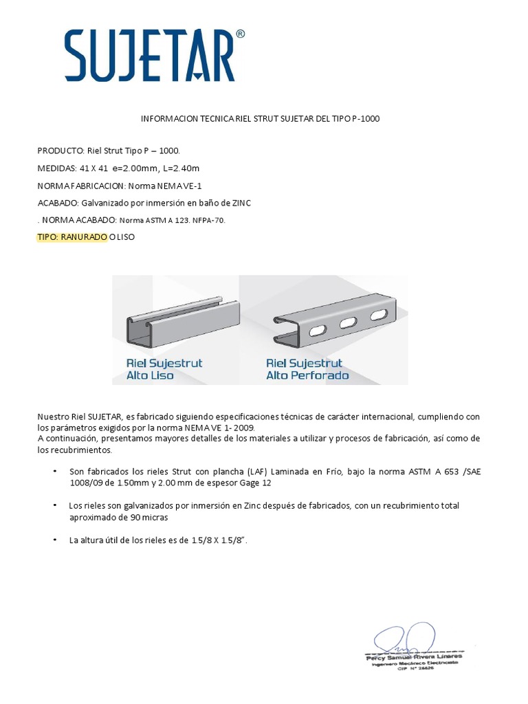 FICHA TECNICA RIEL STRUT 41x41x2400mm | PDF