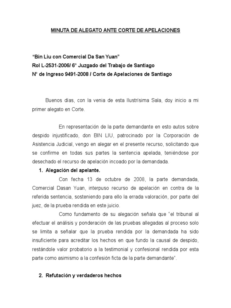 Minuta de Alegato Ante Corte de Apelaciones | PDF | Sentencia (ley ...
