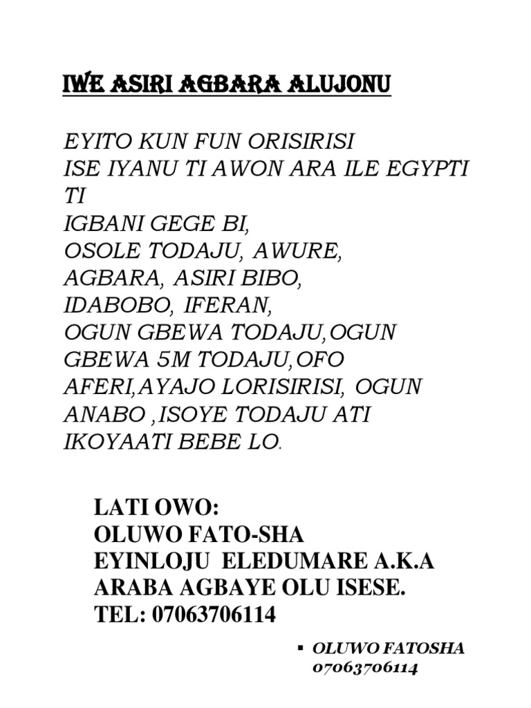 Iwe Asiri Agbara Alujonu: Lati Owo: Oluwo Fato-Sha Eyinloju Eledumare A.K.A Araba Agbaye Olu ...