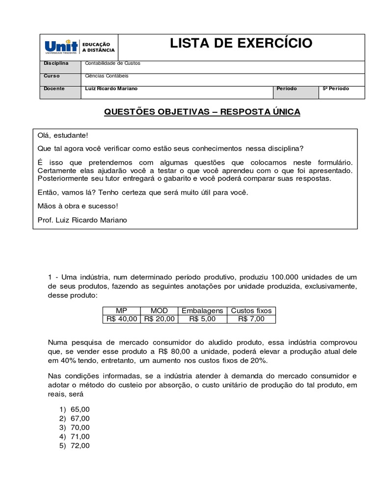 Lista de Exercício - Contabilidade de Custos | PDF | Despesa | Investimentos
