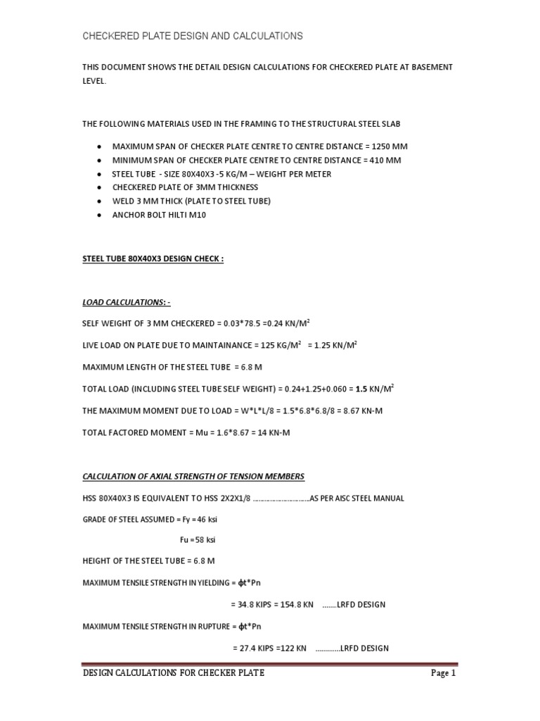 Checkered Plate Design Calculations | PDF | Bending | Continuum Mechanics