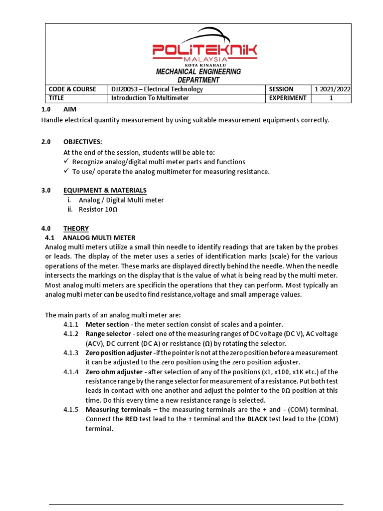 1 Introduction To Multimeter | PDF | Electrical Engineering | Electricity