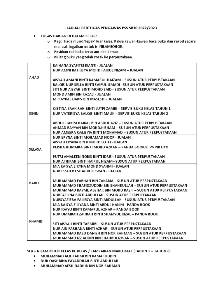 Jadual Bertugas Pengawas PSS SB10 2022 | PDF
