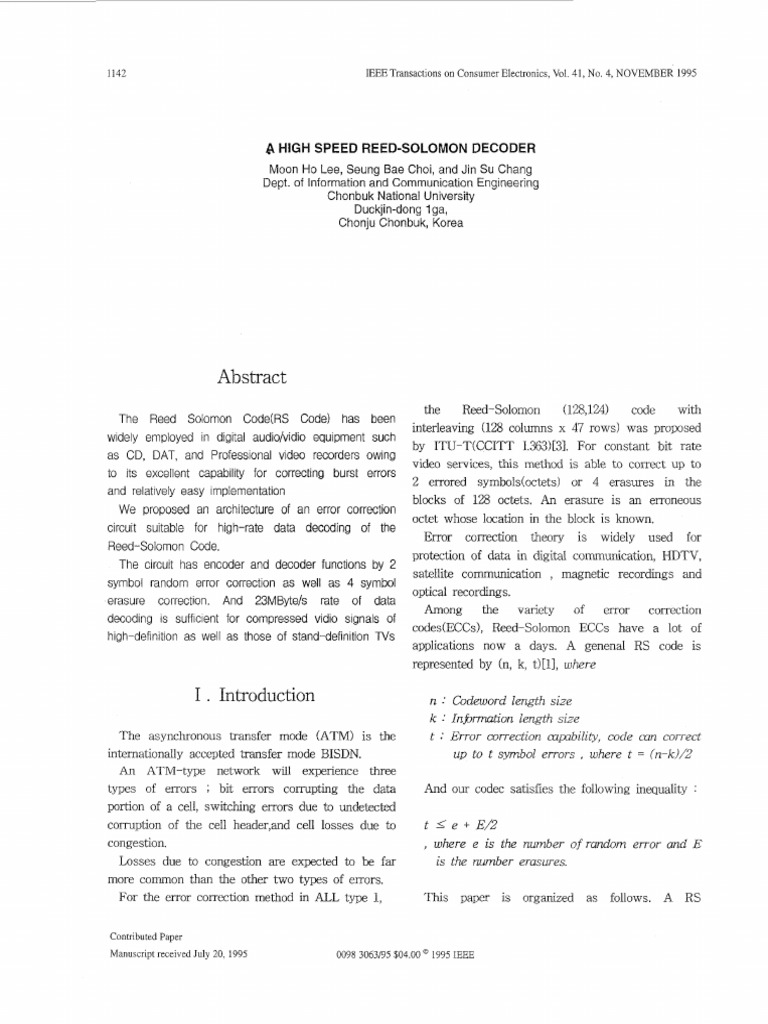 High-Speed Reed-Solomon Decoder Design | PDF | Computer Science ...