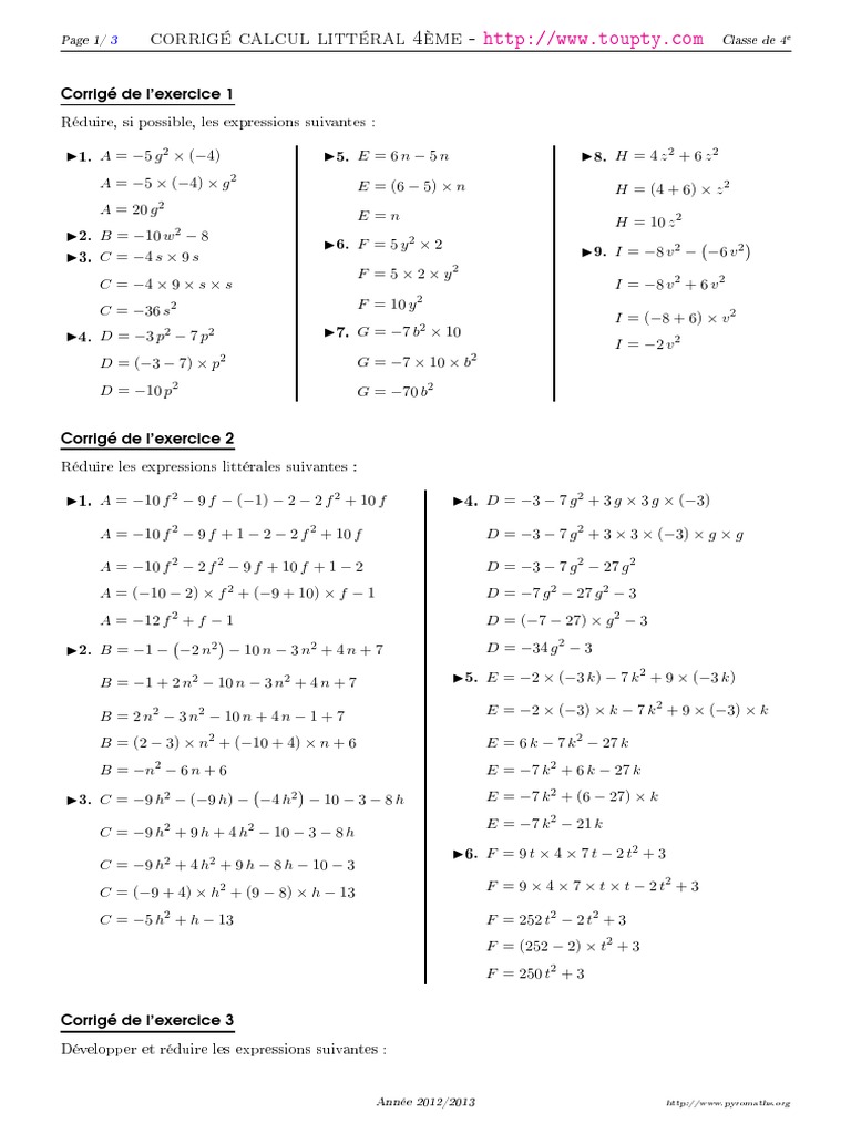Exercice Calcul Litteral 3 Corrige | PDF