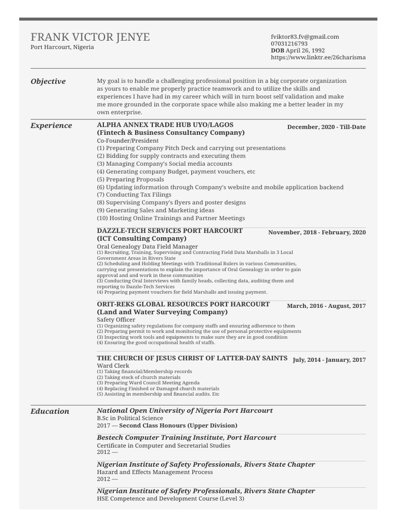 Frank Victor PH Resume Updated | PDF | Occupational Safety And Health | Nigeria