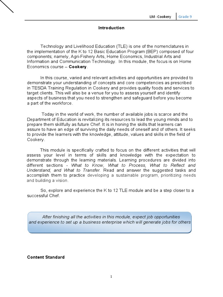 Grade 9 Cookery Module: TLE K-12 | PDF | Entrepreneurship | Kitchen Utensil