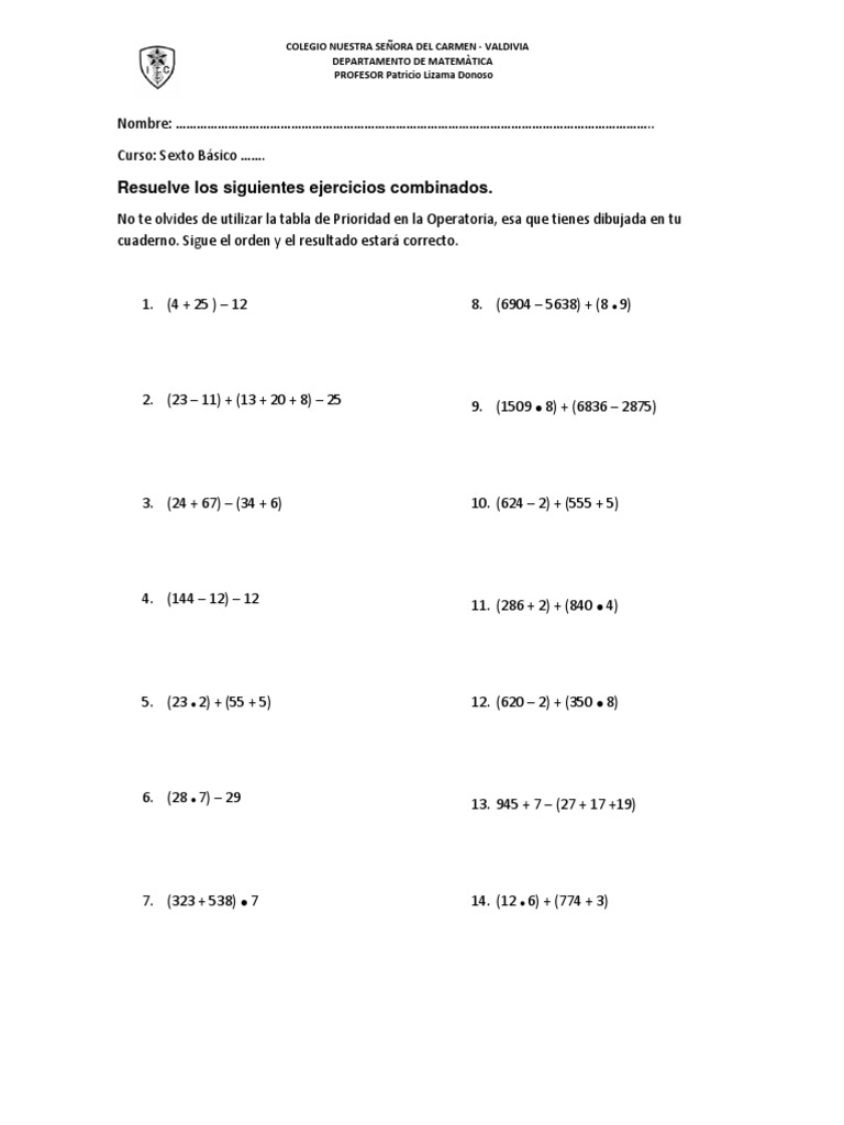 MATEMÁTICA 6° BÁSICO GUIA 2 Operatoria Combinada Patricio Lizama | PDF