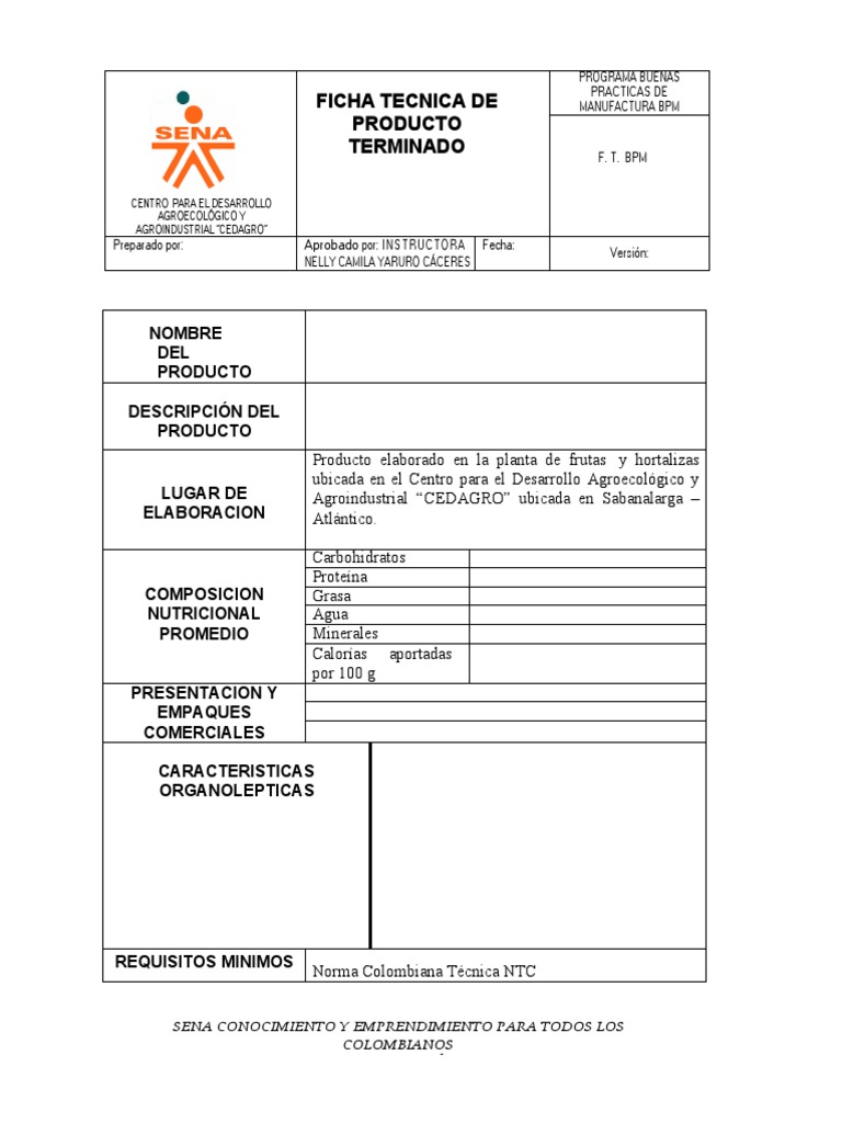 Formato Ficha Tecnica de Productos | PDF | Industria de alimentos | Comida y bebida