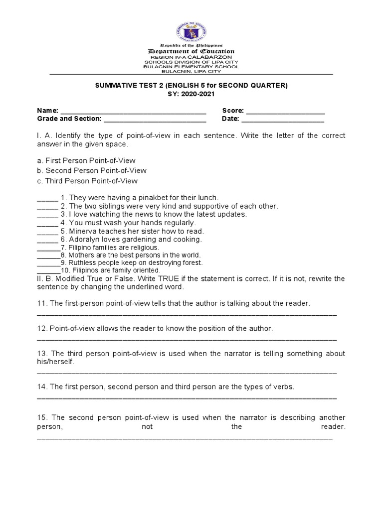 Summative Test English 5 2ND Quarter | PDF | Narration | Books