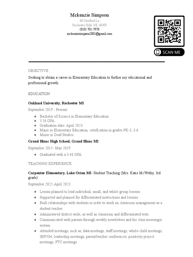 Mckenzie Simpson - Resume | PDF | Teachers | Learning