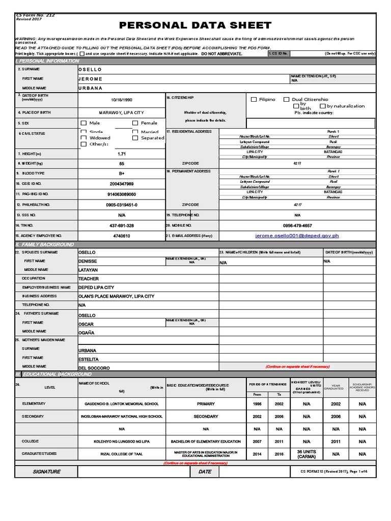 JEROME CSC Form 212 Template | PDF | Teachers