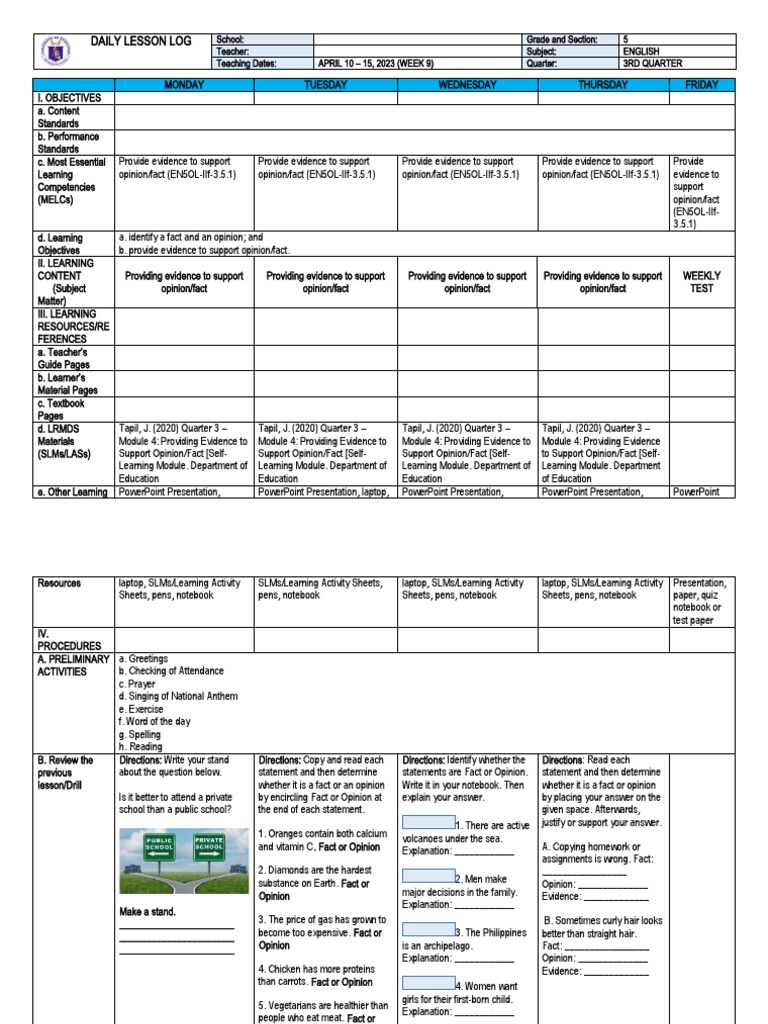 Providing Evidence to Support Opinions and Facts: A Weekly Lesson Log on Teaching Fifth Graders ...