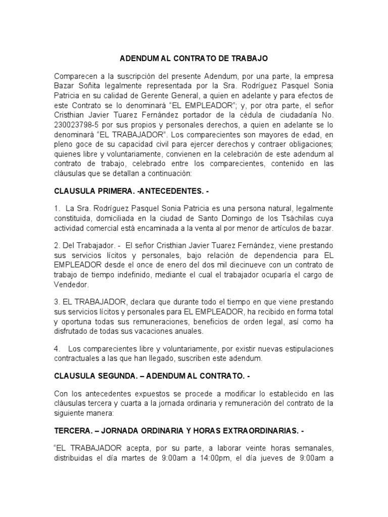 Adendum Al Contrato de Trabajo | PDF | Salario | Tiempo de trabajo