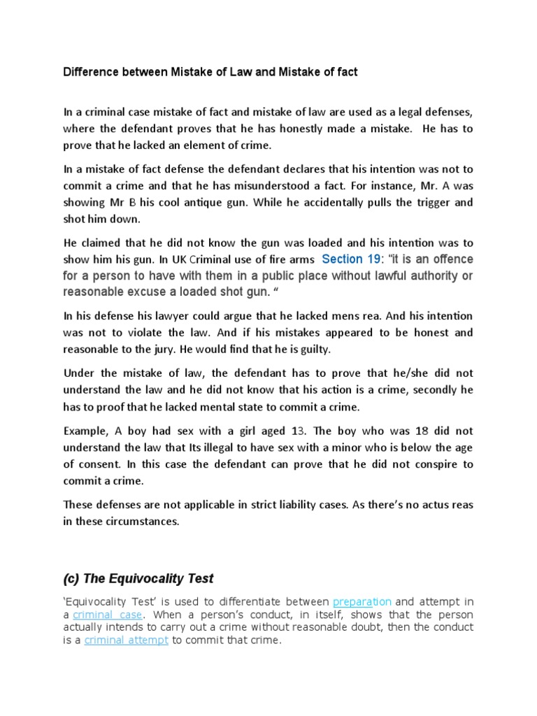 Difference Between Mistake of Law and Mistake of Fact | PDF