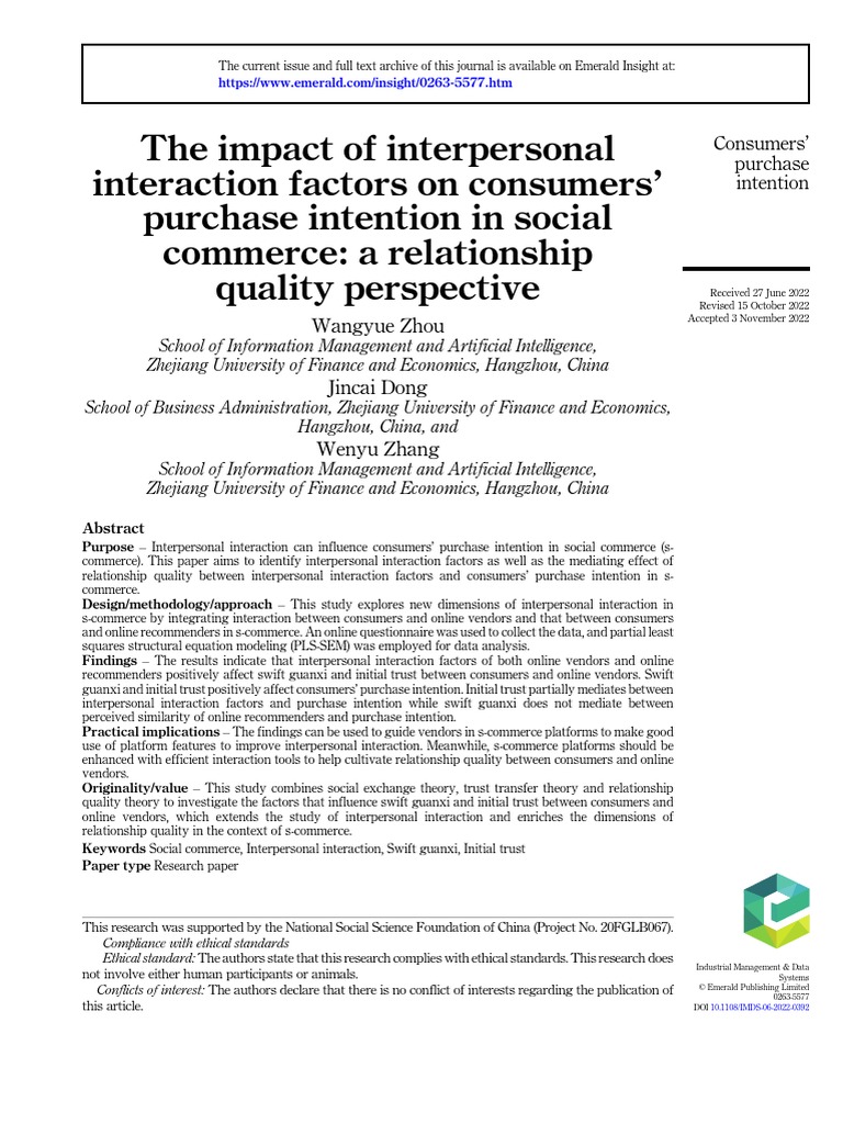 The Impact of Interpersonal Interaction Factors On Consumers ' Purchase Intention in Social ...