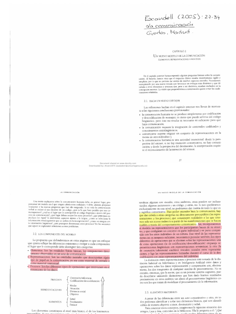 Un Nuevo Modelo de La Comunicación Elementos Representaciones y Procesos (Cap. 2 Libro La ...