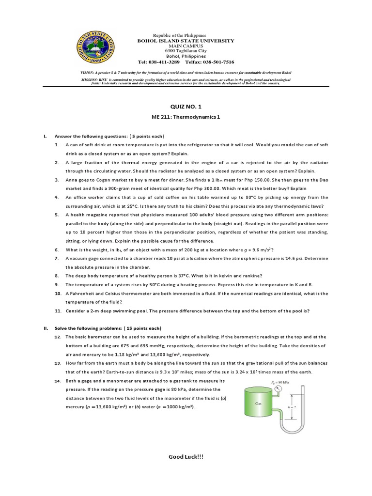 Quiz No. 1 | PDF | Pressure | Temperature