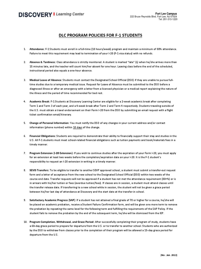 F 1 Student Program Policies Email PDF