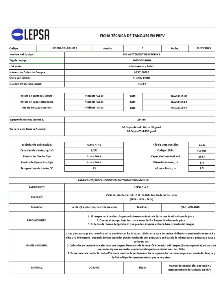 Ficha Técnica Tanques PRFV LEPSA | PDF