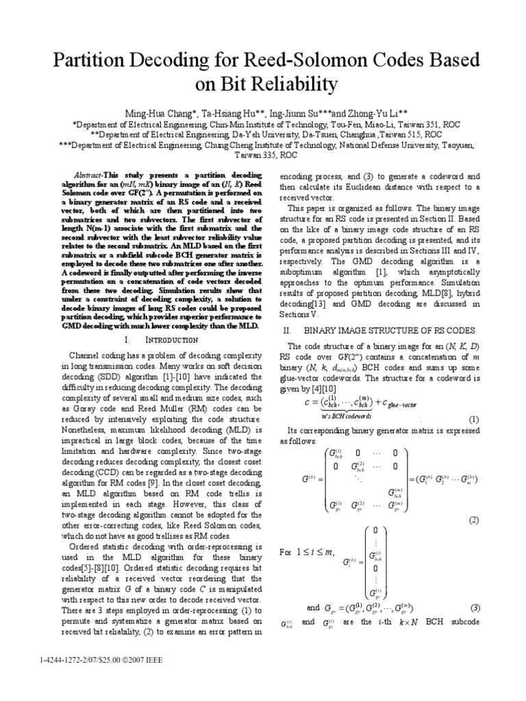 Partition Decoding For Reed-Solomon Codes Based On Bit Reliability | PDF | Matrix (Mathematics ...