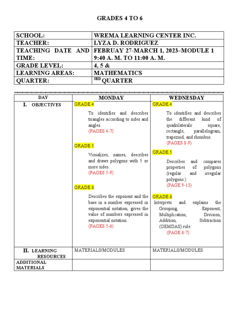 Lesson-Plan-In-English Module 4 Week 1 | PDF | Elementary Mathematics ...