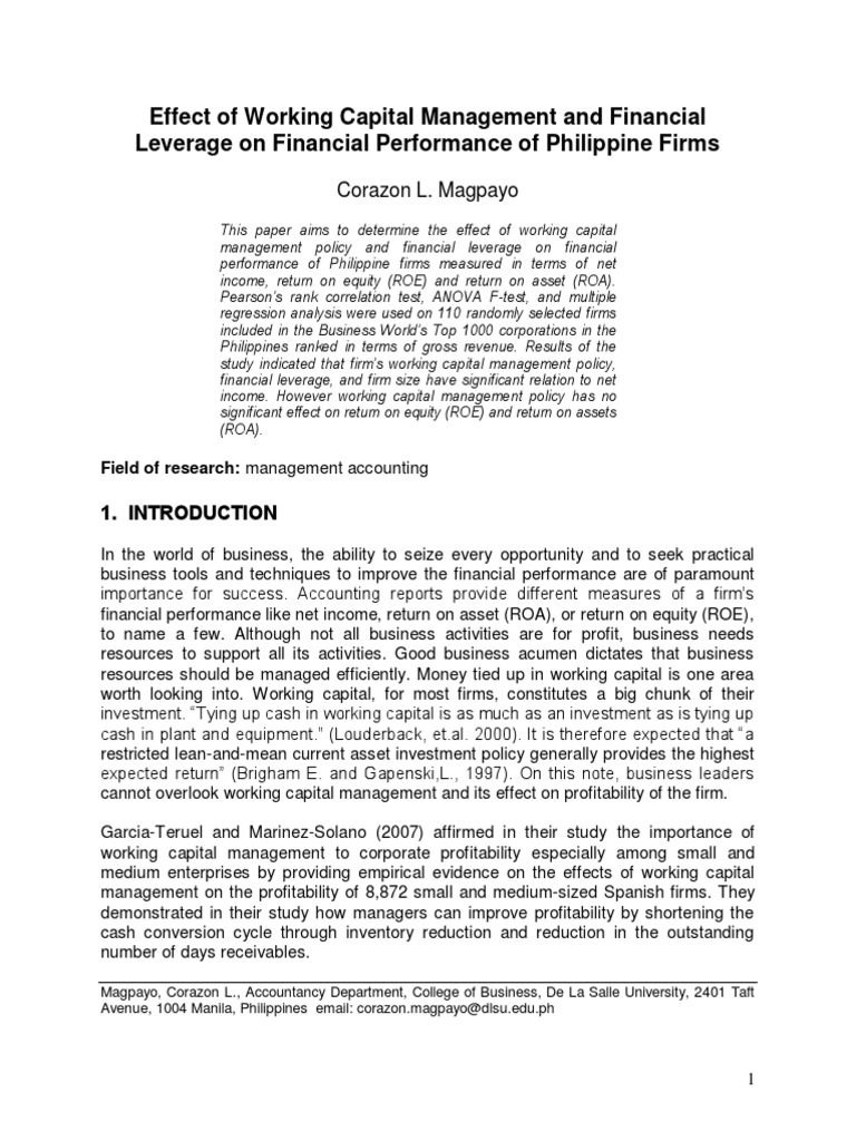 Effect of Working Capital Management and Financial Leverage On Financial Performance of ...