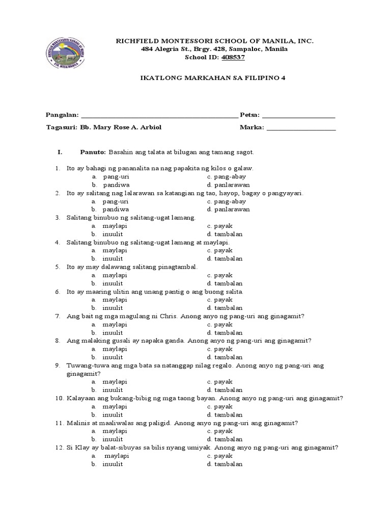 Filipino Quiz Grade 4 | PDF