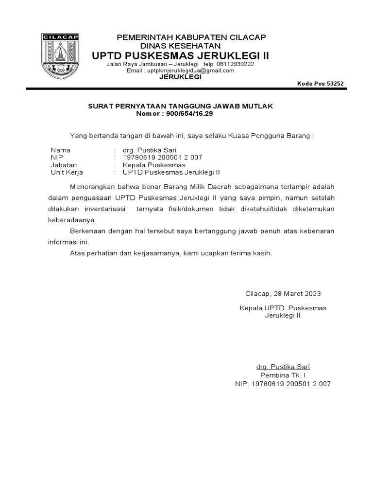 Format Surat Pernyataan Pertanggung Jawaban Mutlak BMD Rev 1 | PDF