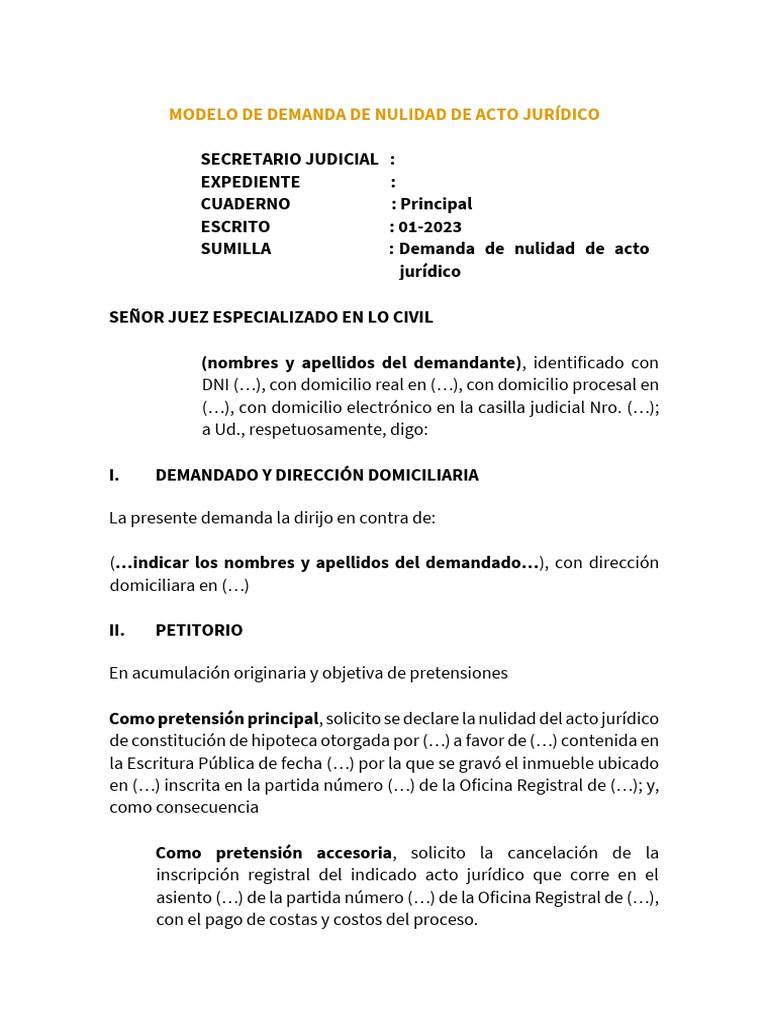 Modelo de Demanda de Nulidad de Acto Jurídico | PDF | Demanda judicial ...
