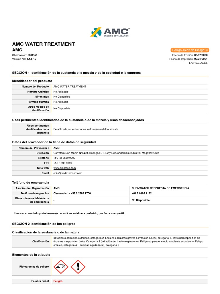 Hoja de Seguridad Amc Water Treatment | PDF | Agua | Combustión