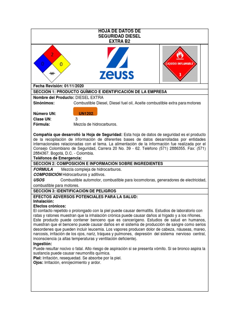 Hoja de Seguridad Diesel Extra B2e | PDF | Agua | Combustión