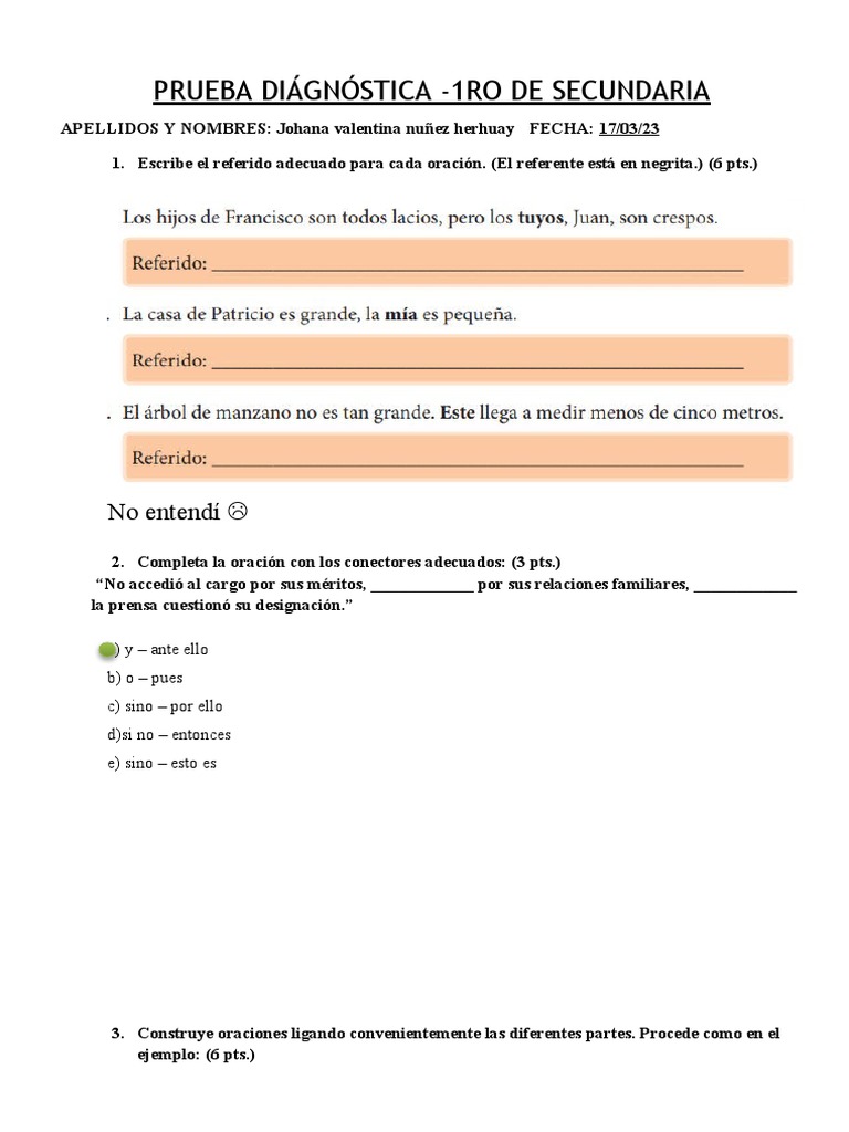 Prueba Diágnóstica - 1ro DE Secundaria: No Entendí | PDF