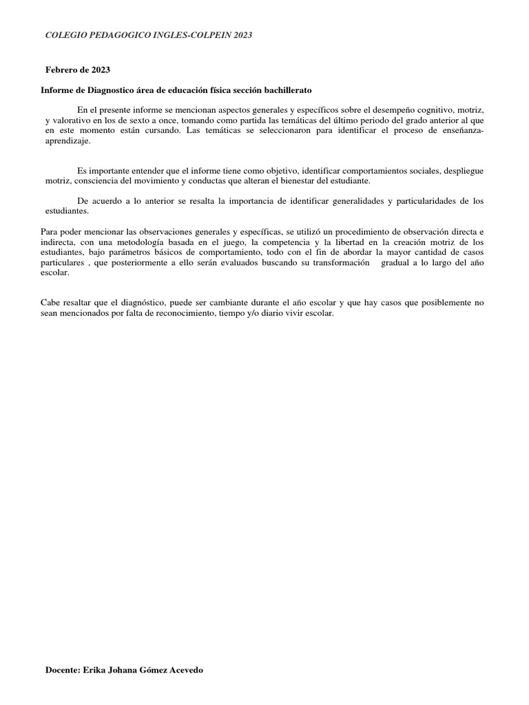 Informe Diagnostico Completo 2023 | PDF | Maestros | Comportamiento