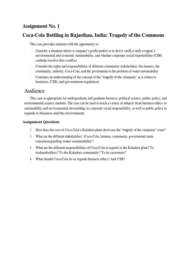 Audience: Assignment No. 1 Coca-Cola Bottling in Rajasthan, India ...