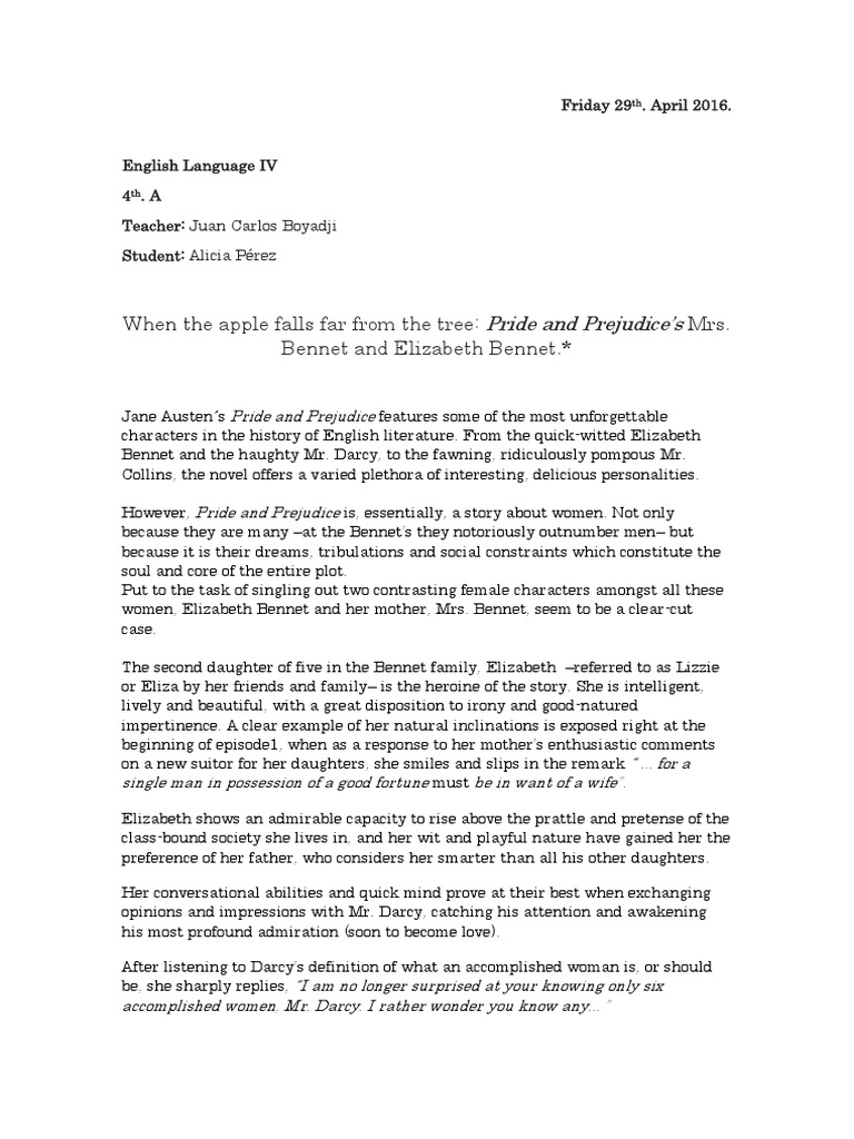 Essay On Pride and Prejudice's Elizabeth Bennet and Mrs. Bennet | PDF ...
