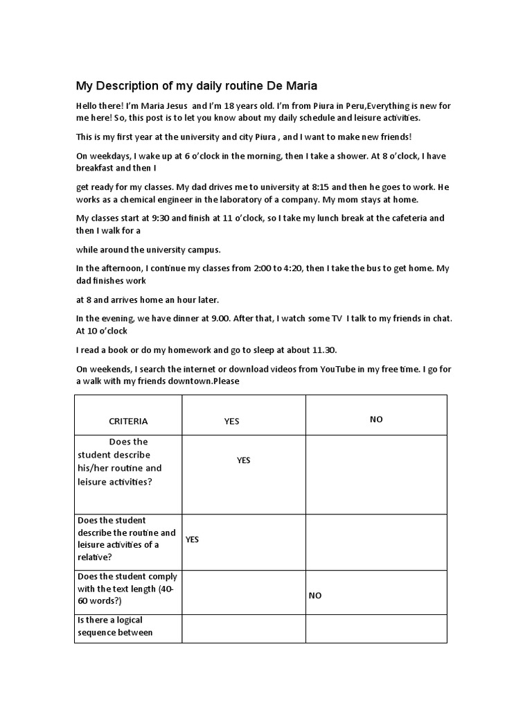 My Description of My Daily Routine de Maria | PDF