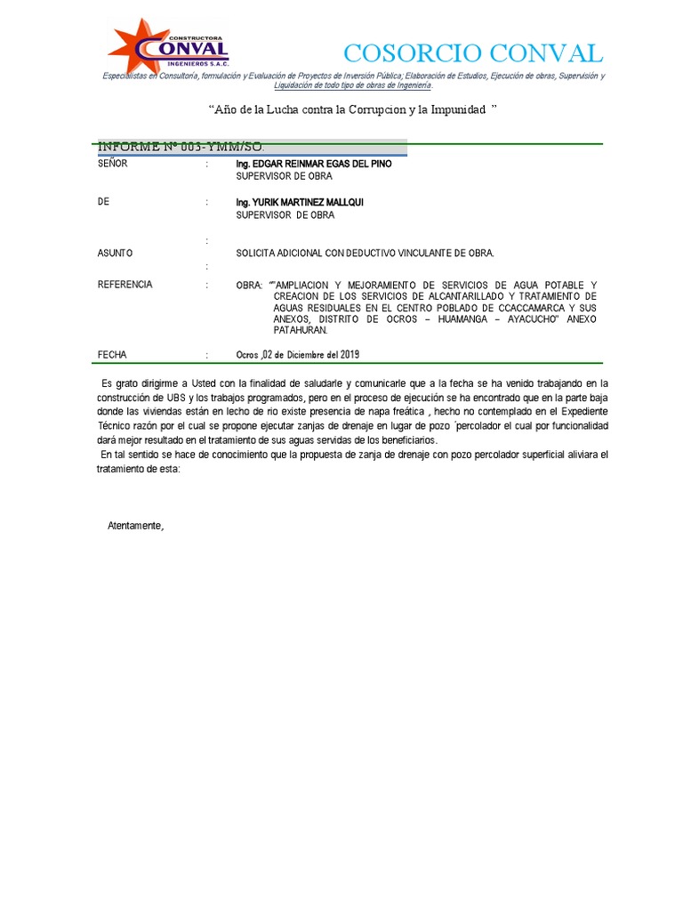01 Informe Nº03 Solicta Adicional Con Deductivo Vinculante | PDF | Hidrología | Ciencia ...